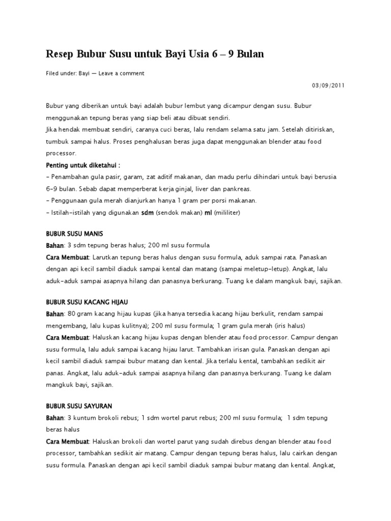 Resep Bubur Bayi 6-9 Bulan | PDF