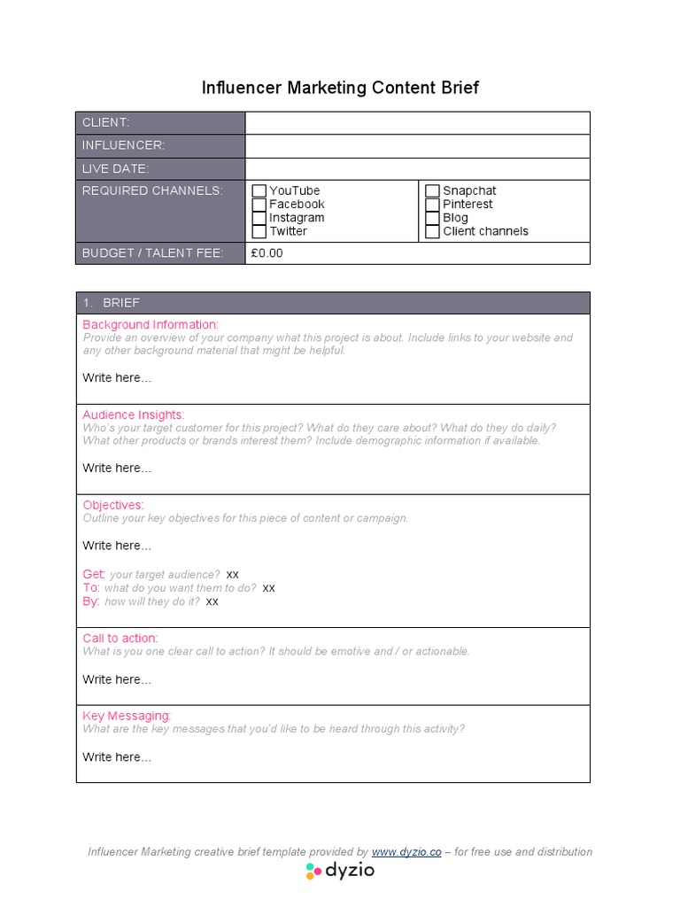 Influencer Marketing Content Brief: Client: Influencer: Live Date ...