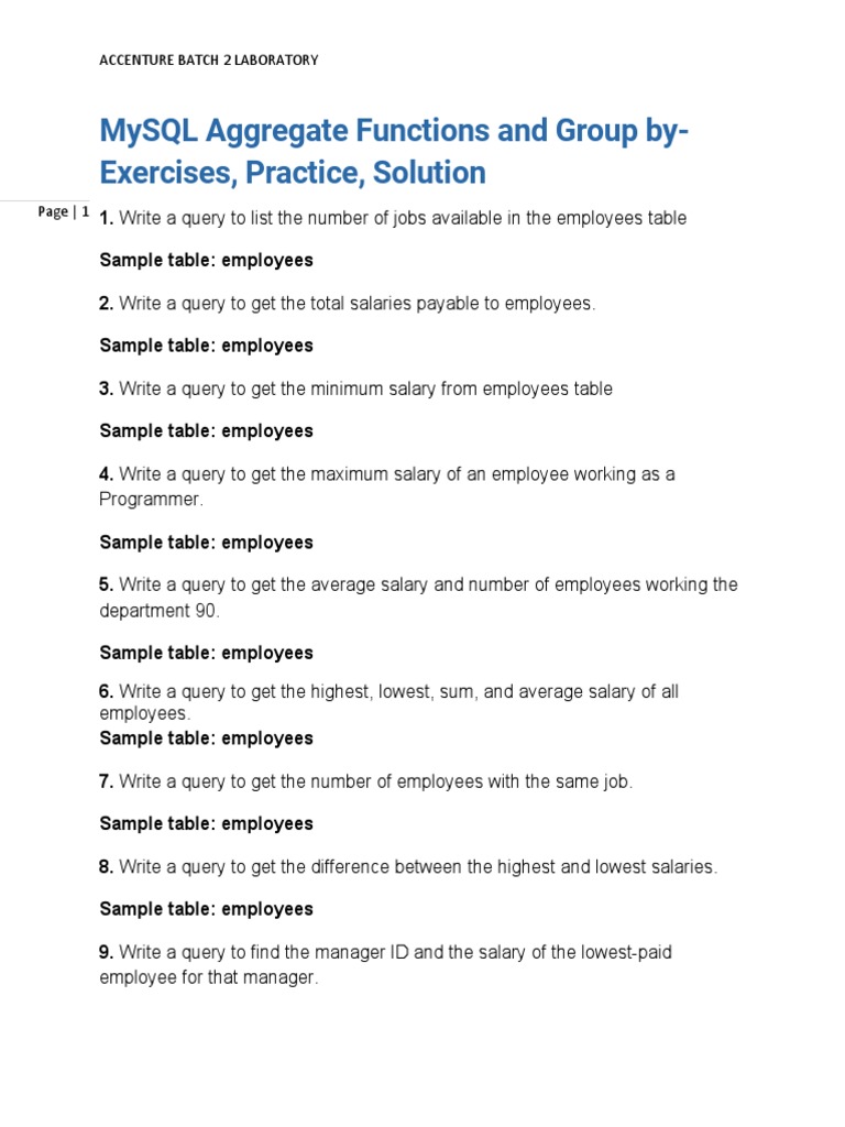 Mysql Aggregate Functions And Group By Exercises Practice Solution 2048