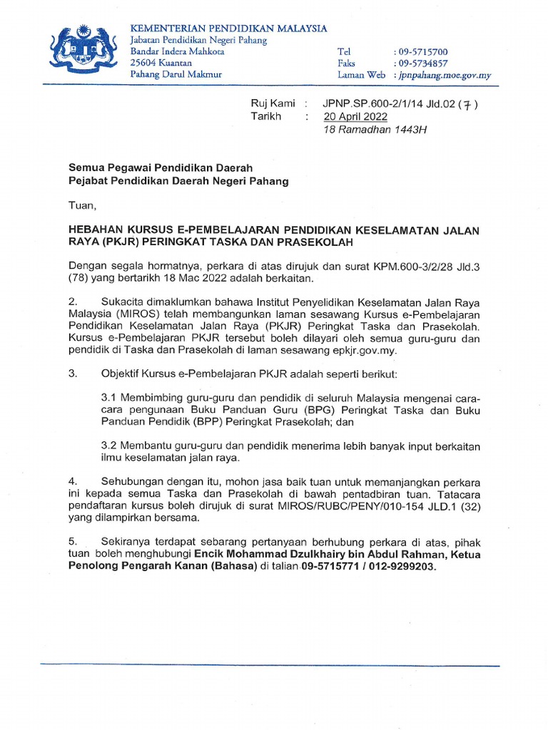 Hebahan Kursus E-Pembelajaran Pendidikan Keselamatan Jalan Raya (PKJR ...