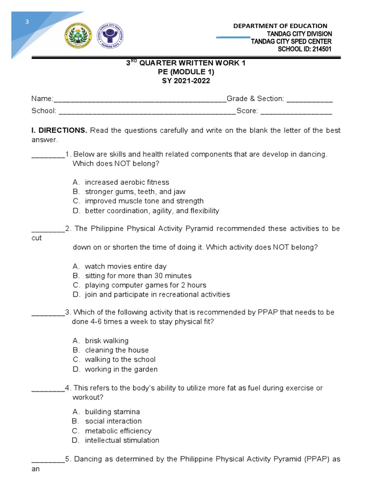 PE Q3 ST No. 1 (Module1) Test Questionnaire With Key Answers | PDF ...