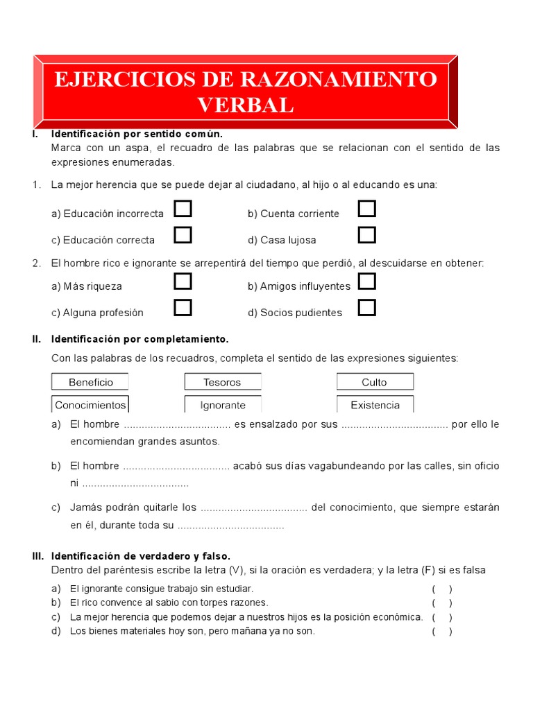 Ejercicios de Razonamiento Verbal para Quinto de Primaria | PDF