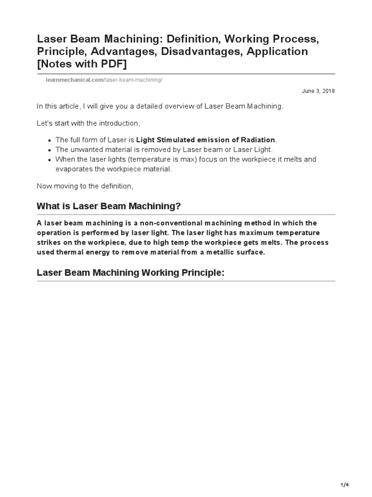 Laser Beam Machining Definition Working Process Principle Advantages Disadvantages Application ...