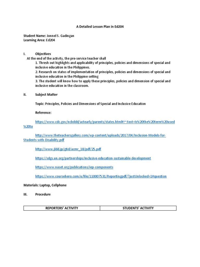 Inclusive Education Lesson Plan Overview | PDF | Inclusion (Education ...