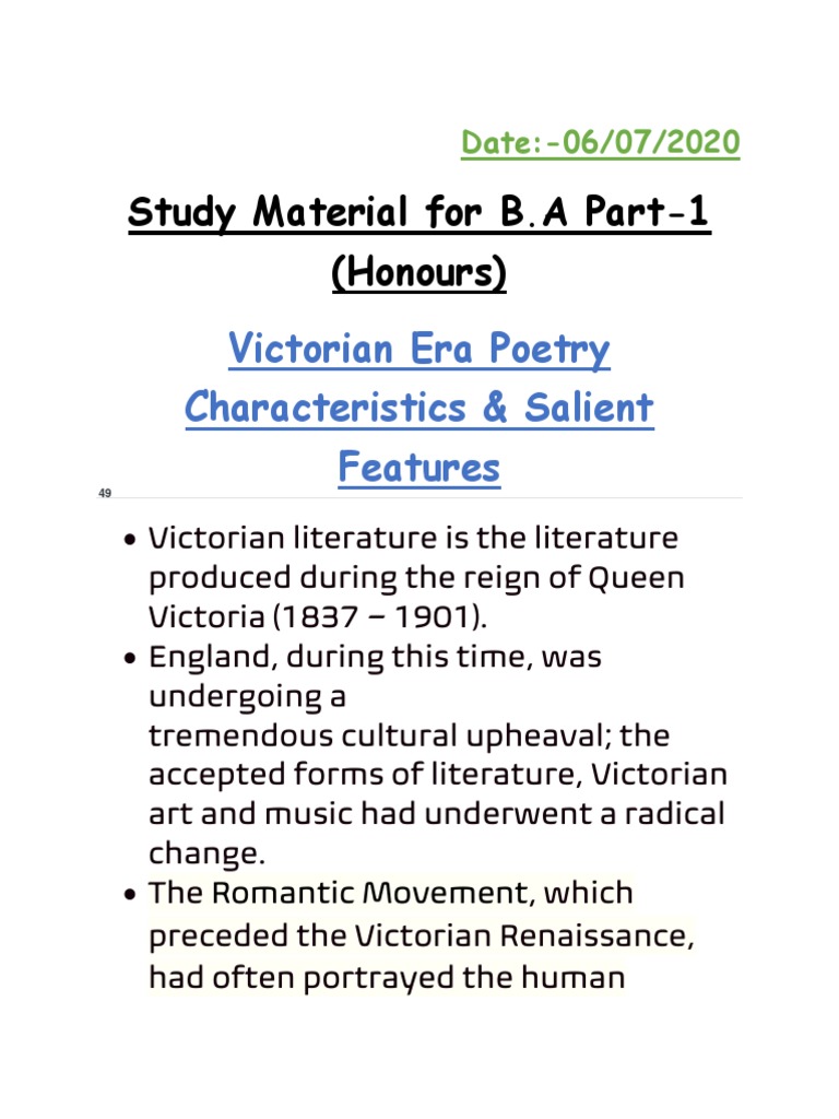 Study Material For B.A Part-1 (Honours) : Victorian Era Poetry ...