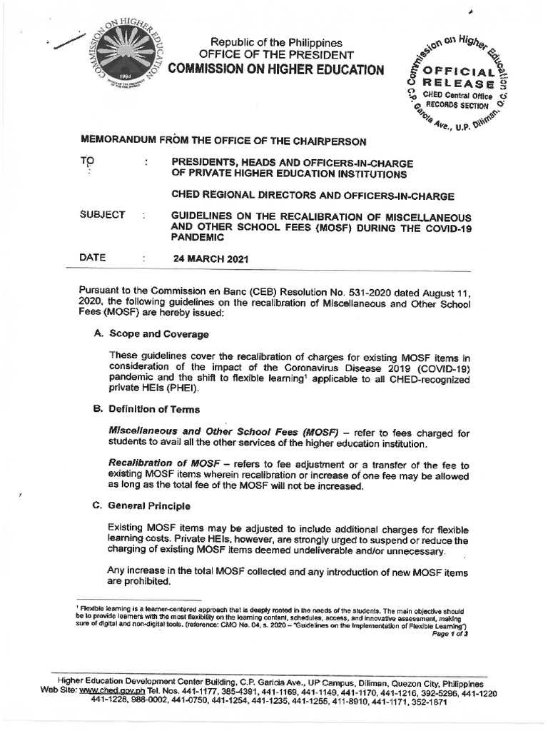 Guidelines On The Recalibration of Miscellaneous and Other School Fees ...