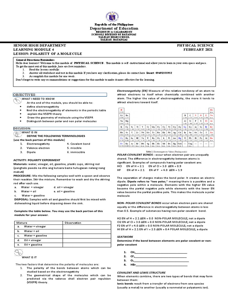 Physical Science Week 5 | PDF | Chemical Polarity | Chemical Bond