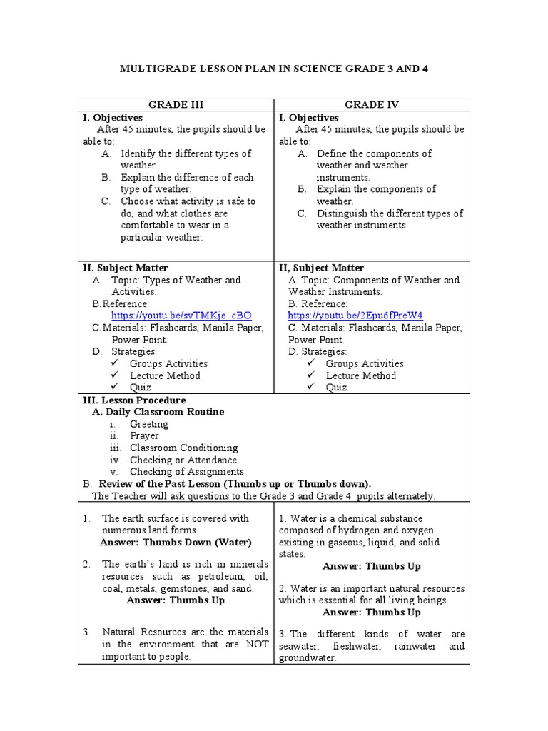 Multigrade Lesson Plan in Science Grade 3 and 4 | PDF | Water | Weather