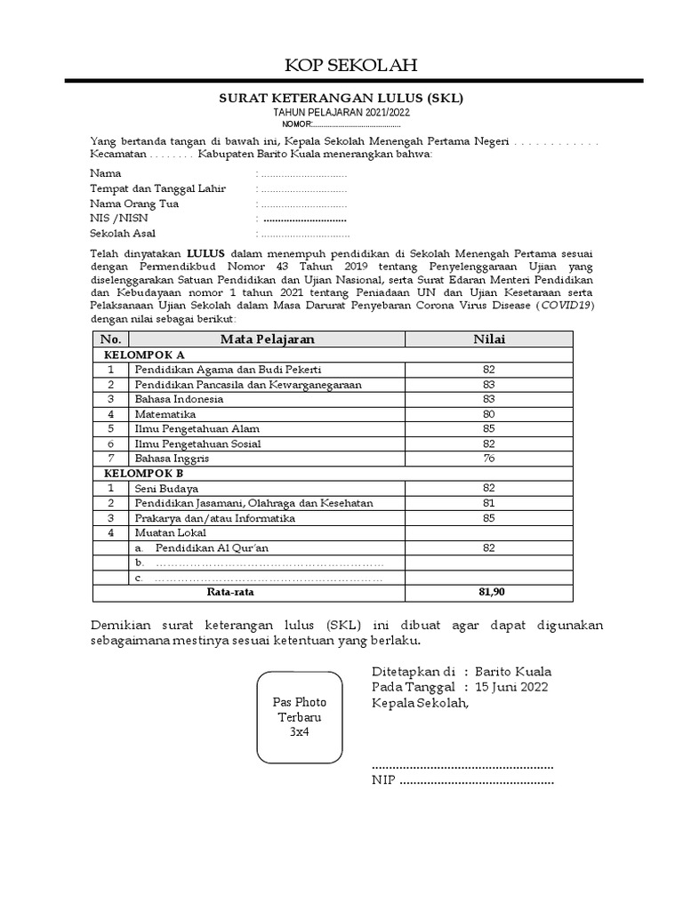 Format Surat Keterangan Lulus (SKL) SMP | PDF