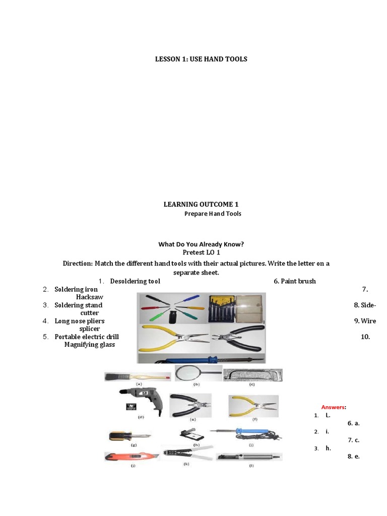 Lesson 1: Use Hand Tools: Answers | PDF | Soldering | Equipment