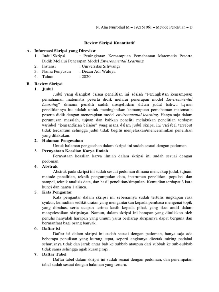 Review Skripsi: Pemahaman Matematis dan Environmental Learning | PDF ...