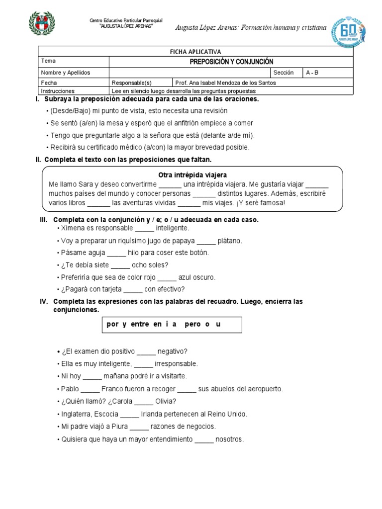 Evaluamos Preposiciones y Conjunciones | PDF