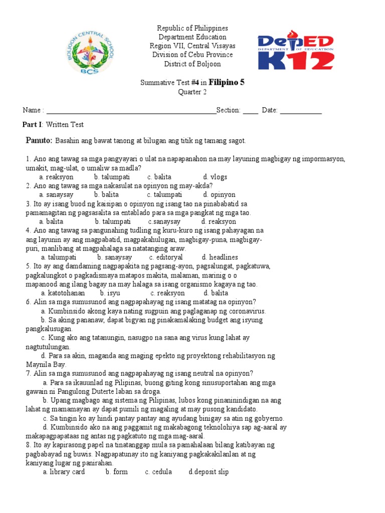 Filipino5-Summative Test #4 | PDF