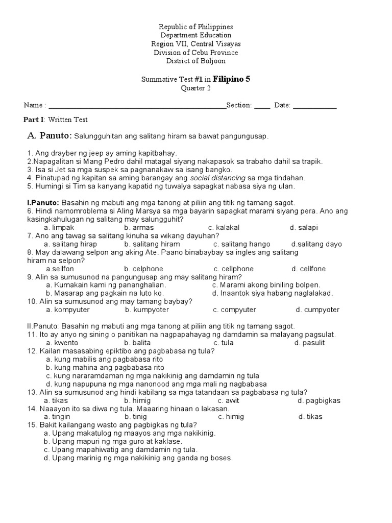 Filipino - Summative Test #1 | PDF
