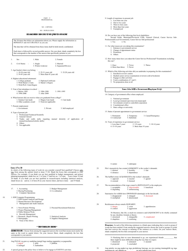 Examinees Descriptive Questionnaire: Part - V Professional | PDF | Test ...