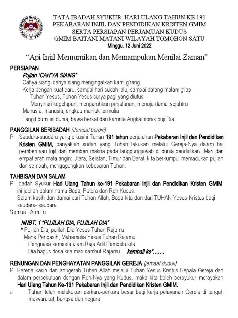 Tata Ibadah HUT PI & Persiapan Perjamuan 12 Juni 2022 | PDF