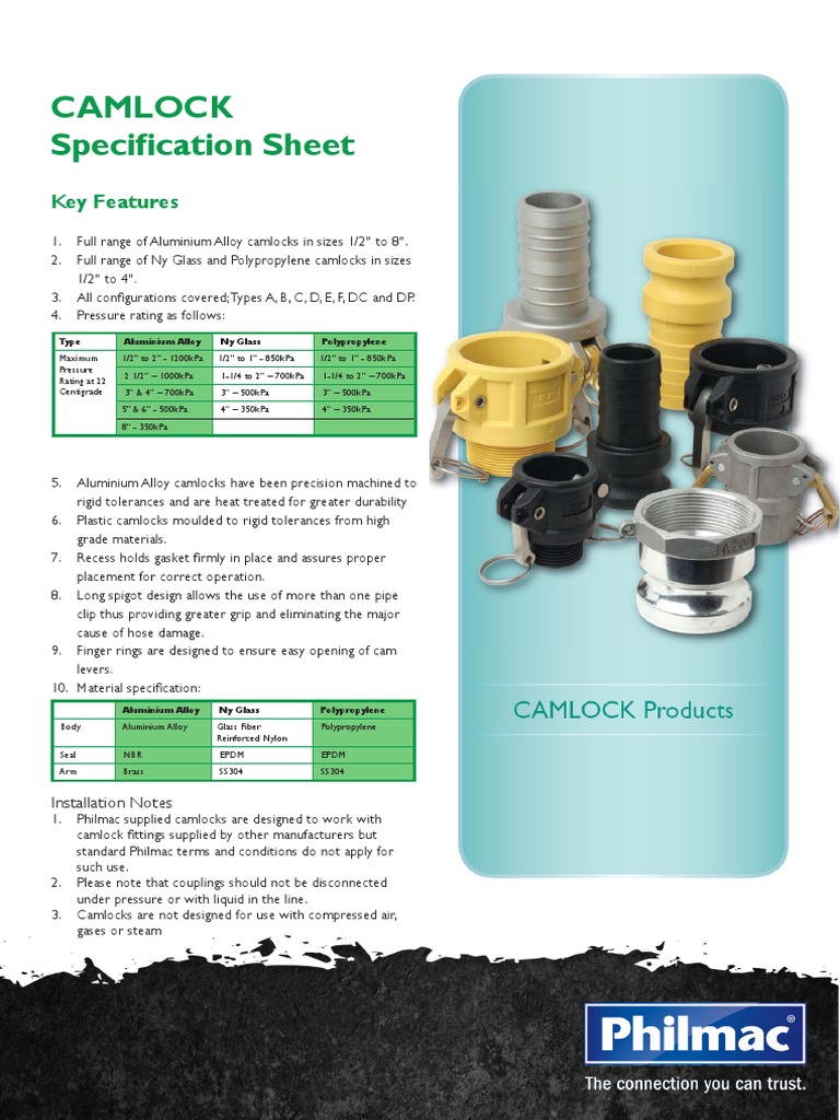 Camlock Specification Sheet: Key Features | PDF | Pipe (Fluid ...