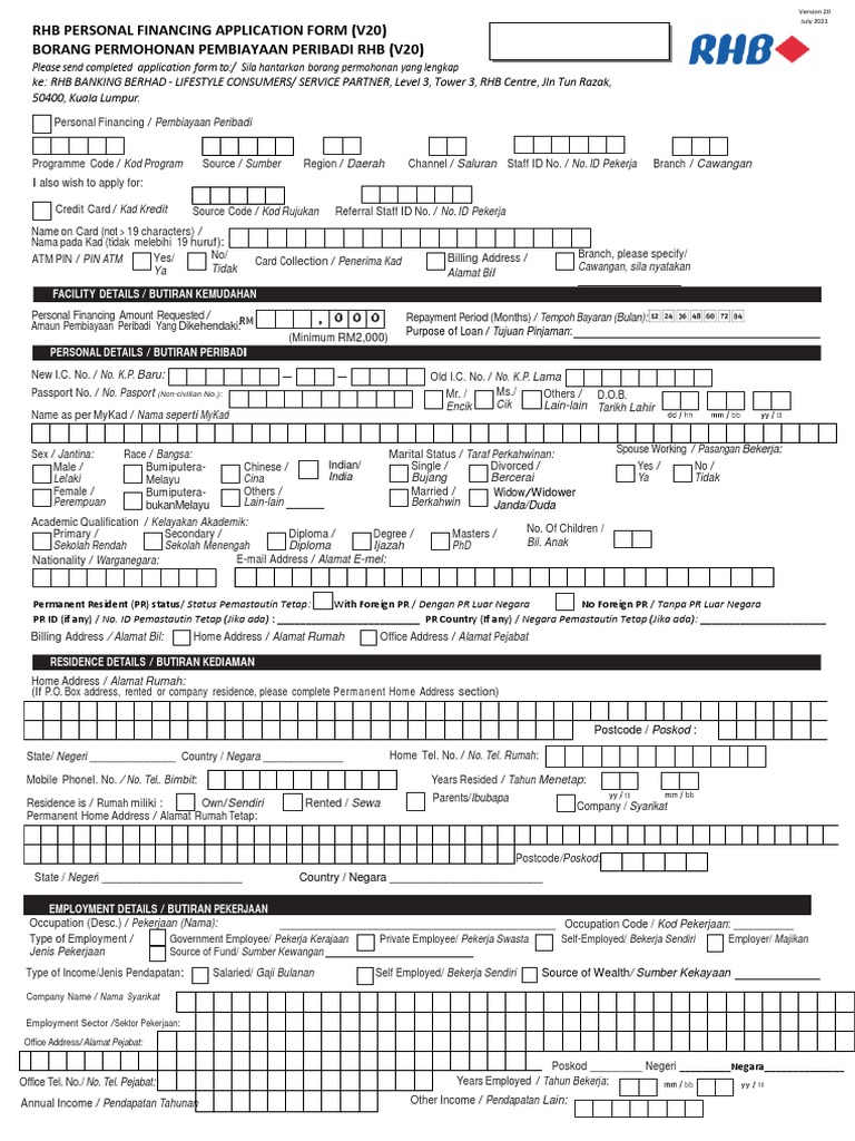RHB Personal Financing Application Form (V20) Borang Permohonan ...
