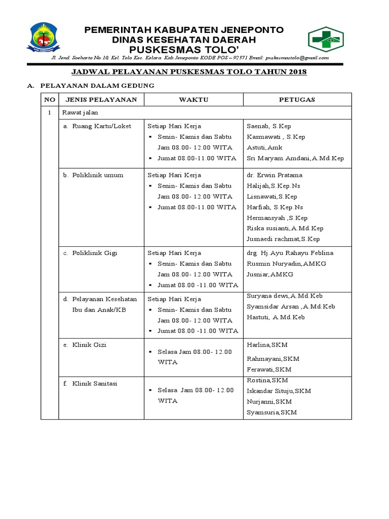 Jadwal Pelayanan Puskesmas Tolo Tahun 2018 Pdf