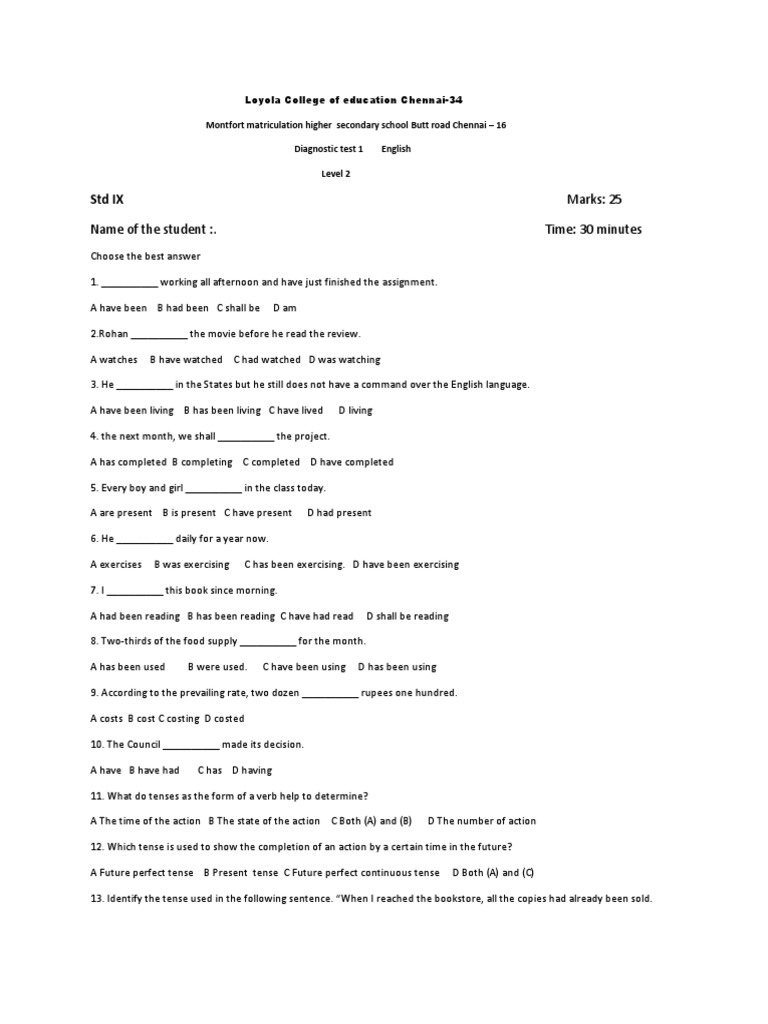 Diagnostic Test Level 2 | PDF | Grammatical Tense | Grammar