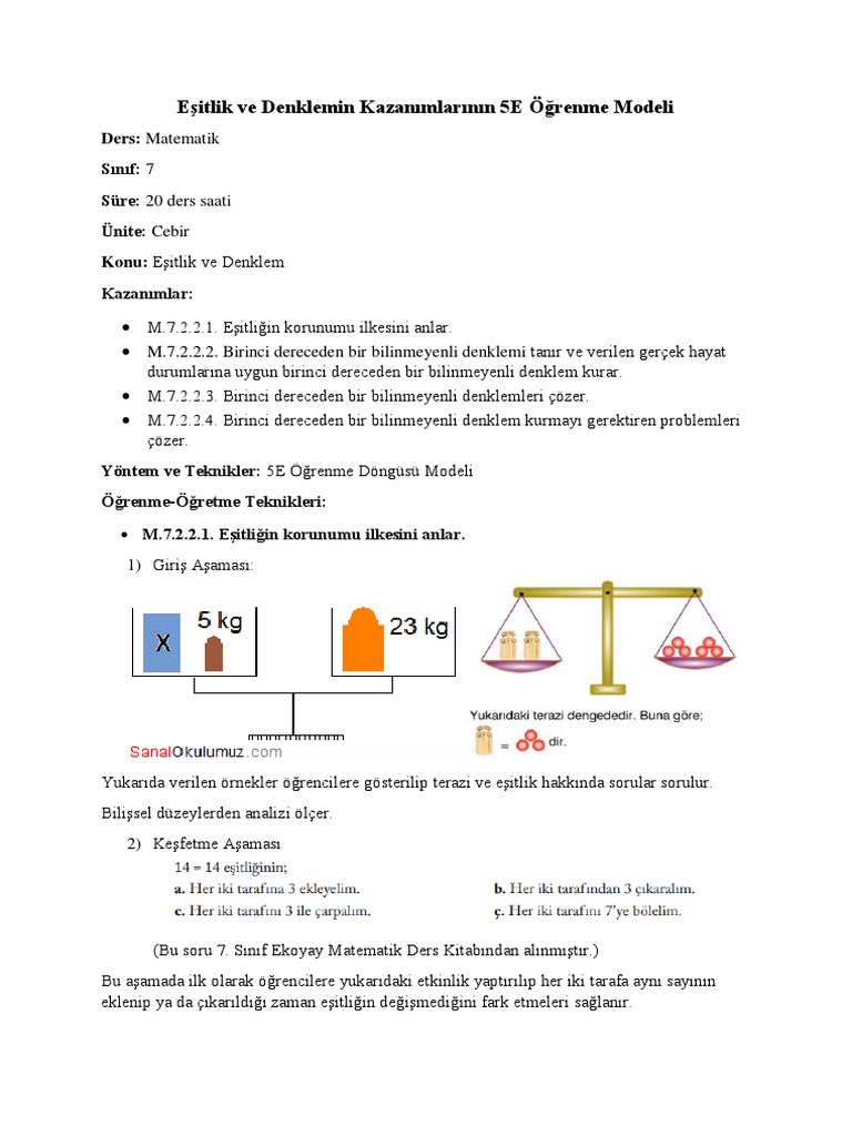 Eşitlik Ve Denklemin Kazanımlarının 5E Öğrenme Modeli | PDF