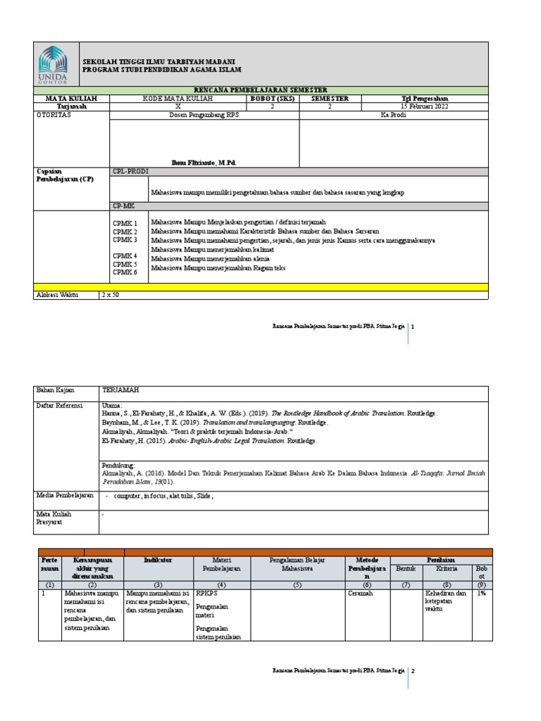 Contoh RPS Tarjamah | PDF