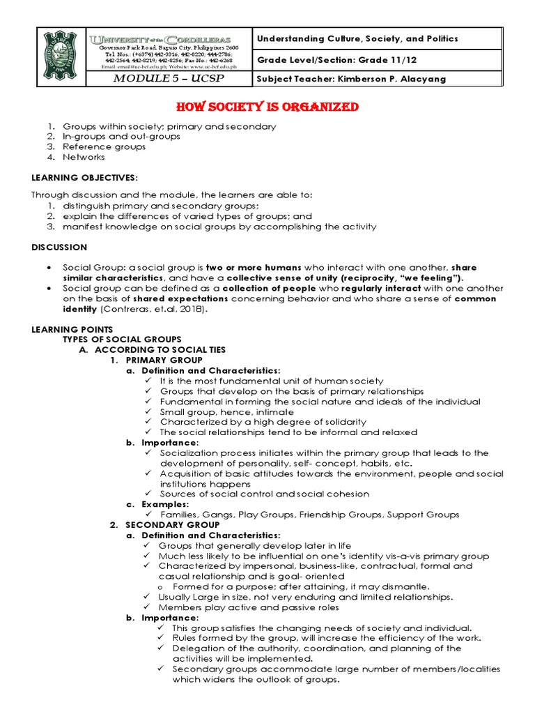 How Society Is Organized: Module 5 - Ucsp | PDF | Social Group | Learning