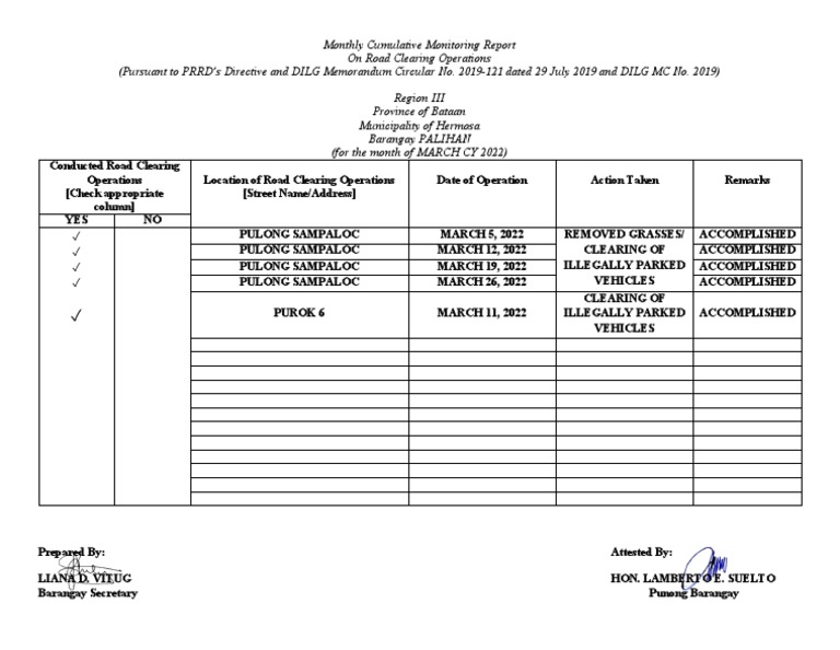 Monthly Cumulative Monitoring Report (ROAD CLEARING) | PDF