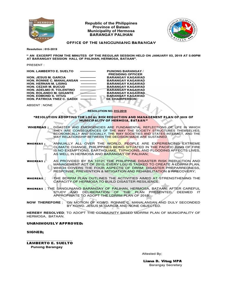 2019 No.15 Resolution For BDRRM Plan | PDF | Disaster Risk Reduction ...