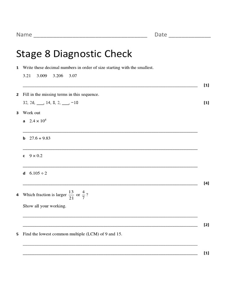 Year 8 Diagnostic Test For MATHS | PDF | Numbers | Percentage