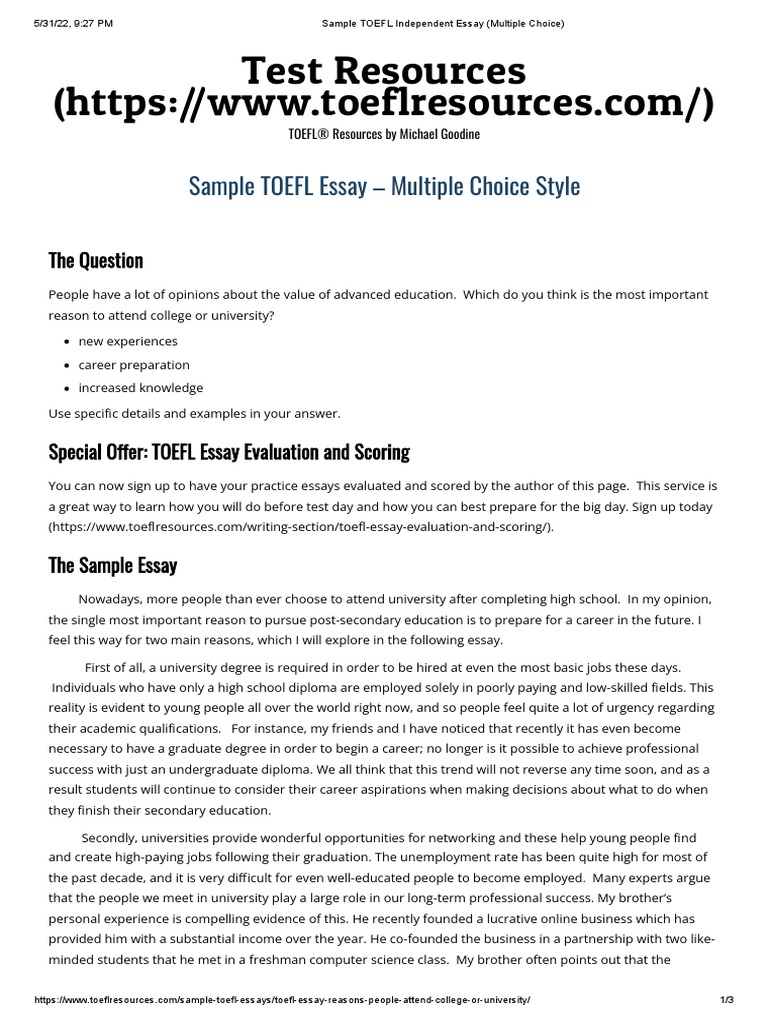 Sample TOEFL Independent Essay (Multiple Choice) | PDF | Test Of ...