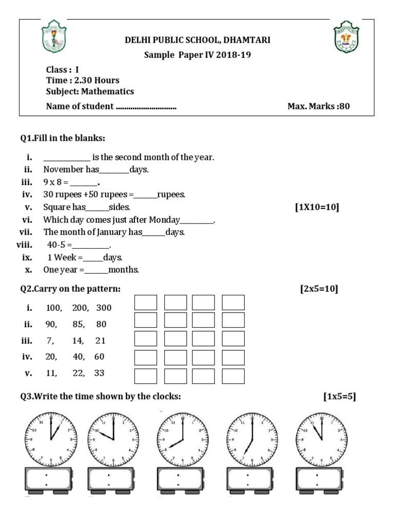 Maths Class 1 Test Paper 1 - Compressed | PDF