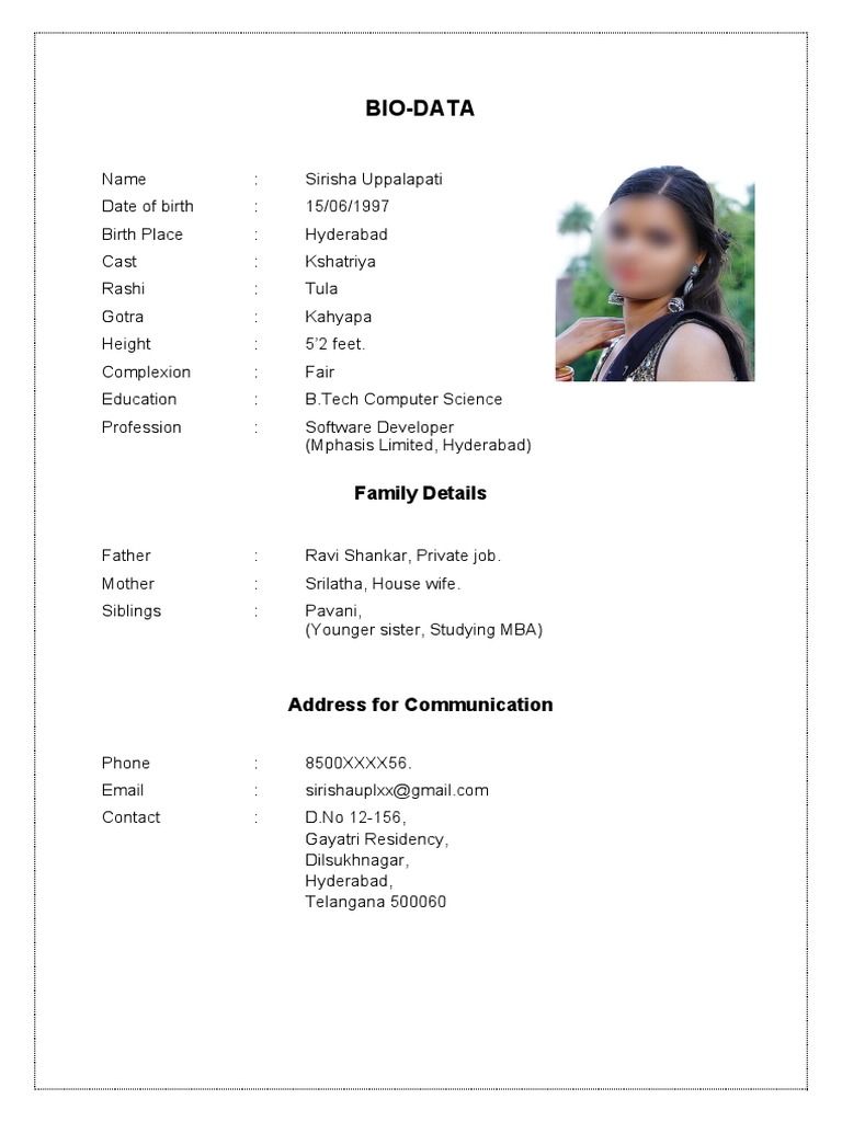 Sample Hindu Marriage Biodata Format For Girl | PDF
