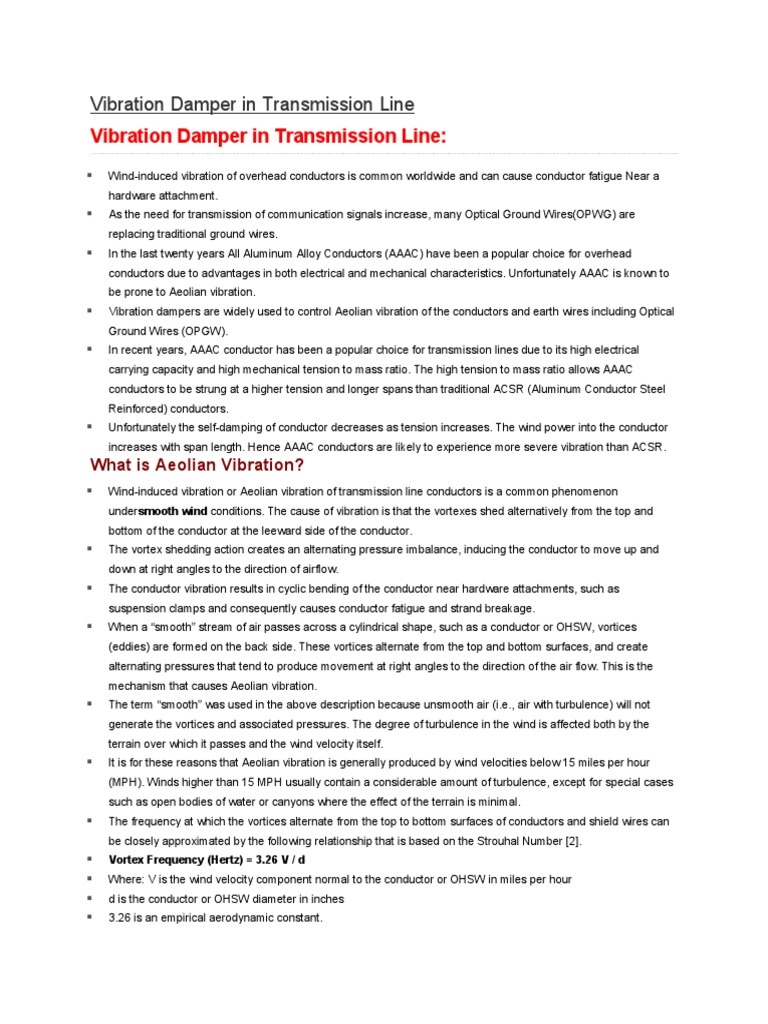 Vibration Damper in Transmission Line | PDF | Vortices | Electrical ...