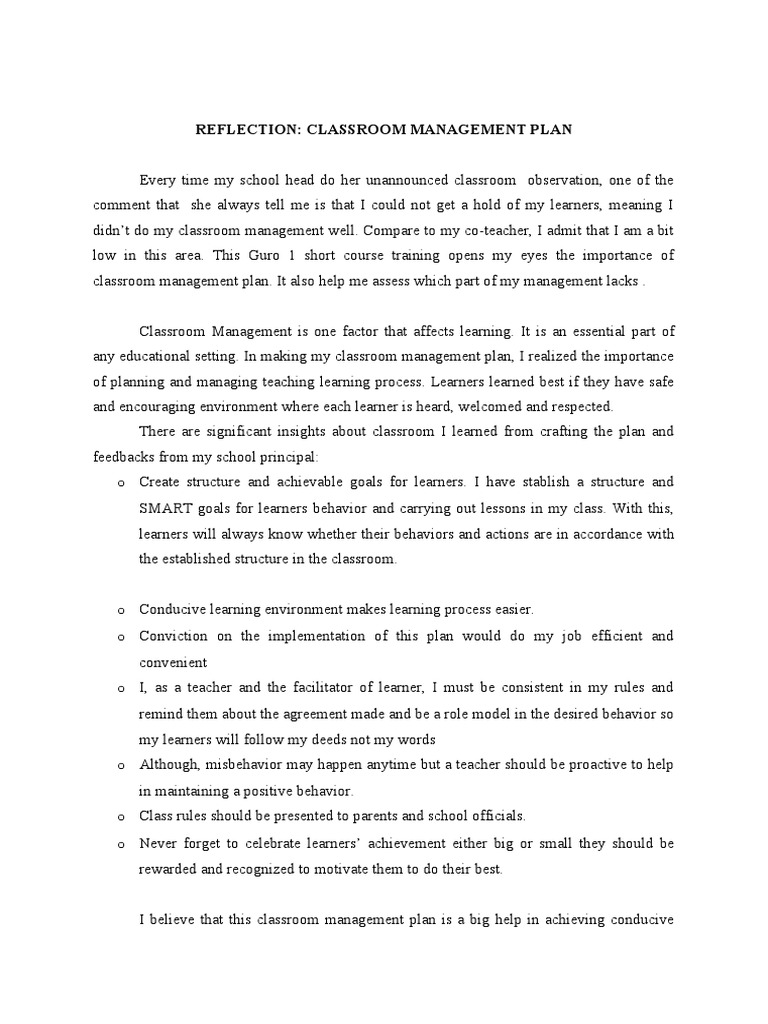 Reflection-Classroom Management Plan | PDF | Classroom Management ...