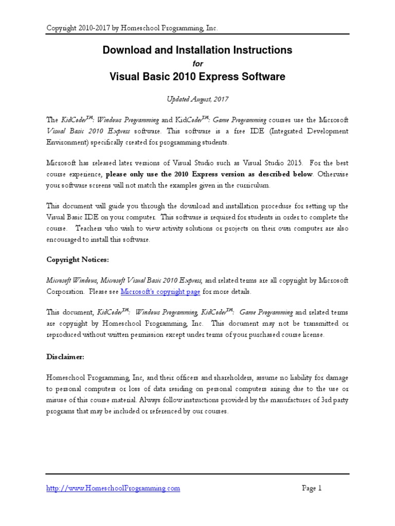 and Installation Instructions Visual Basic 2010 Express Software | PDF ...