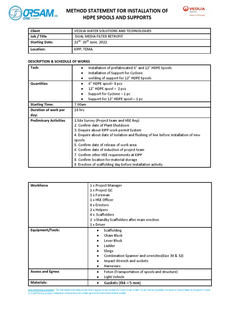 Method Statement-Installation of Hdpe Pipes | PDF | Personal Protective ...
