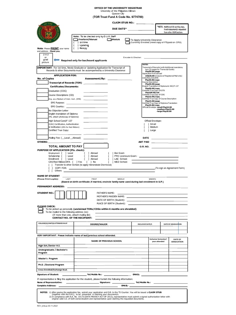 TOR Form UP Diliman | PDF