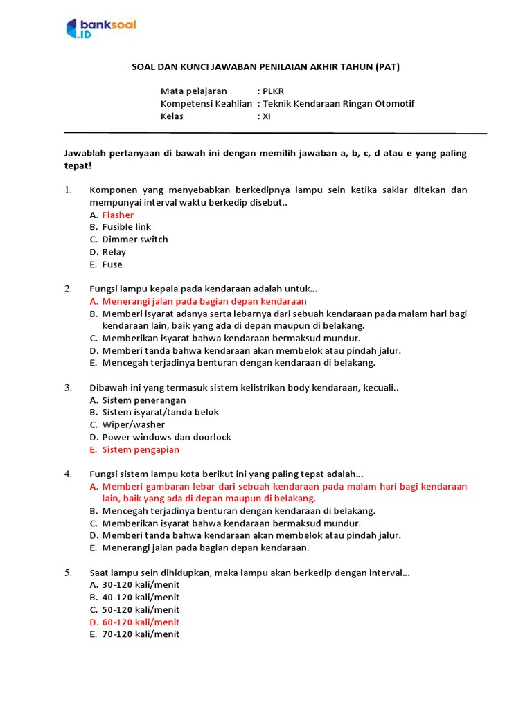 Soal dan Kunci Jawaban PAT PLKR Kelas XI | PDF | Metode & Bahan Ajar | Sains & Matematika