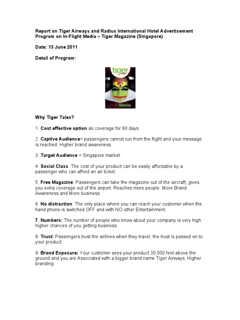 Report On Tiger Airways and Radius International Hotel Advertisement ...