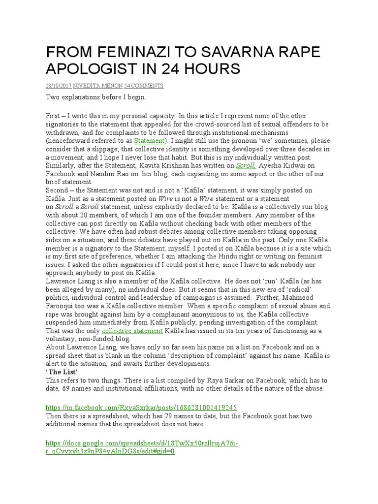 Nivedita Menon - FROM FEMINAZI TO SAVARNA RAPE APOLOGIST IN 24 HOURS | PDF | Sexual Harassment ...