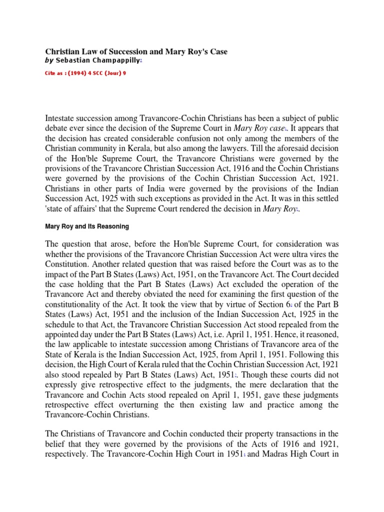 Mary Roy Case: Christian Succession Law | PDF | Supreme Court Of India ...