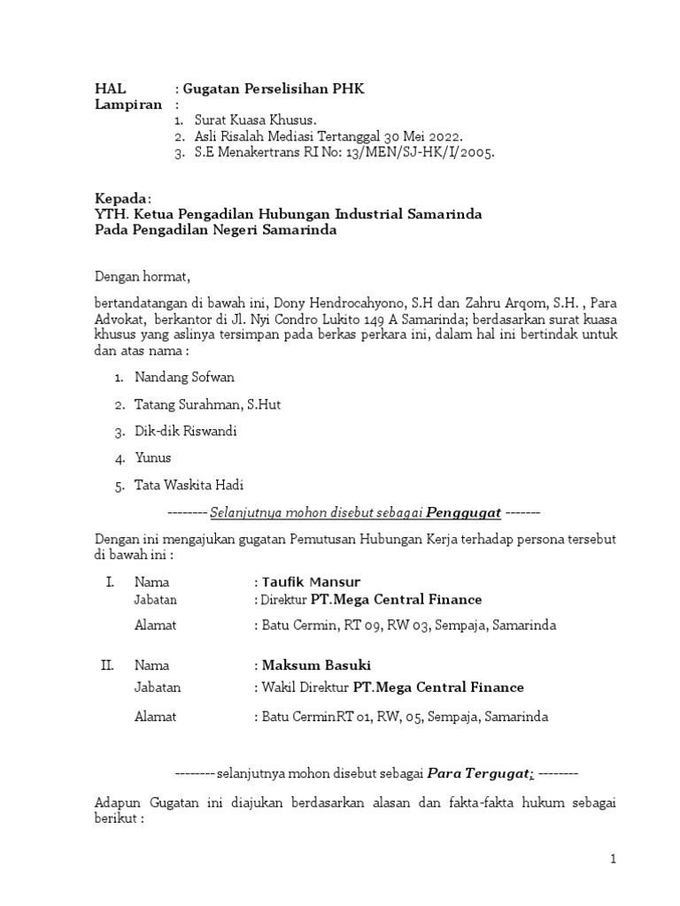 Tugas Surat Gugatan Dengan Masing Masing 2 Tergugat Dan Penggugat | PDF