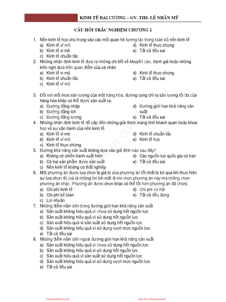 215 - Kinh Te Dai Cuong - Le Nhan My - Bai Tap KTDC Chuong 1 | PDF