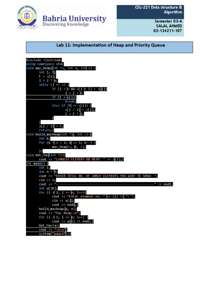 Lab 11: Implementation of Heap and Priority Queue | PDF