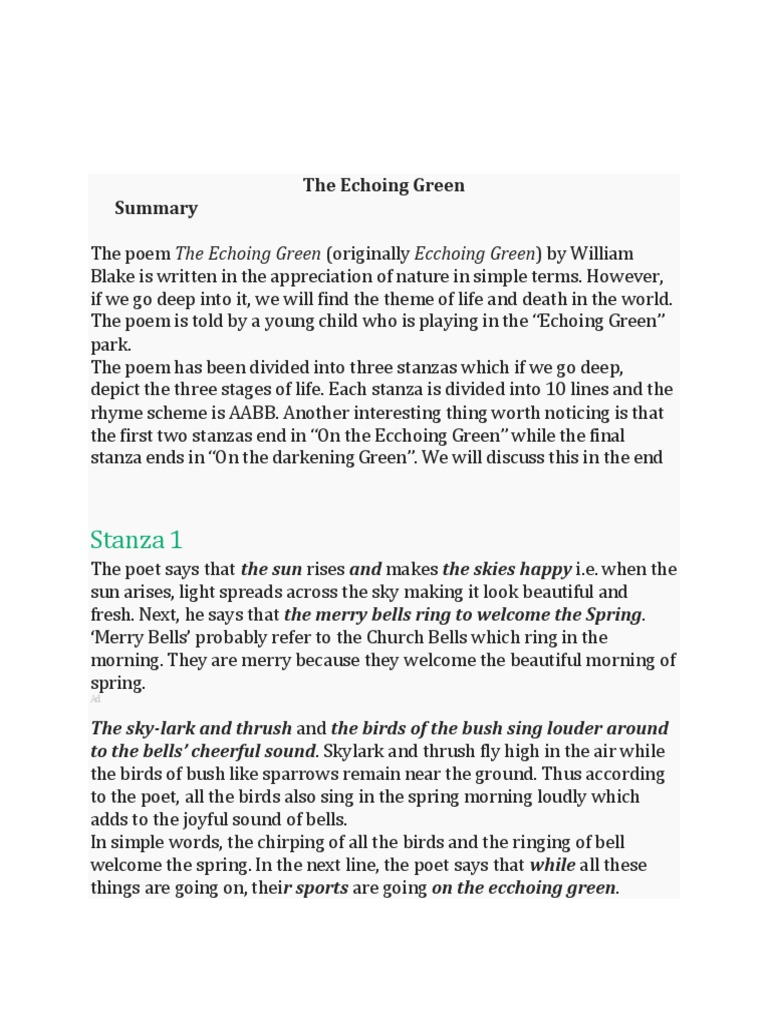 Summary of "The Echoing Green" Poem | PDF