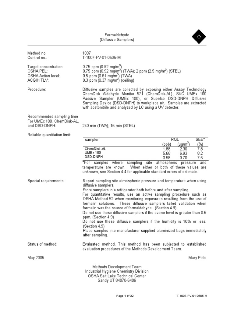 Osha 1007 | PDF | Formaldehyde | Detection Limit