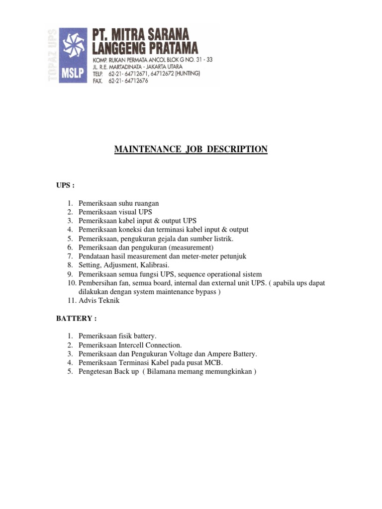 Maintenance Job Description Ups | PDF