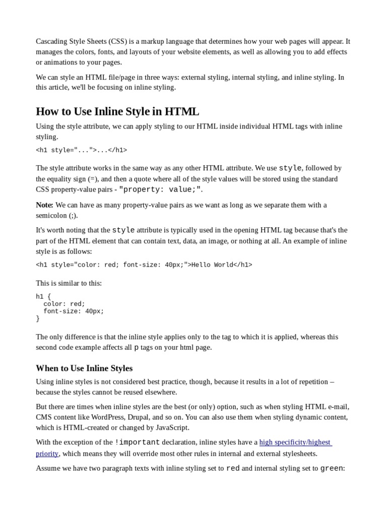 Inline Style in HTML - CSS Inline Styles | PDF | Html | Html Element
