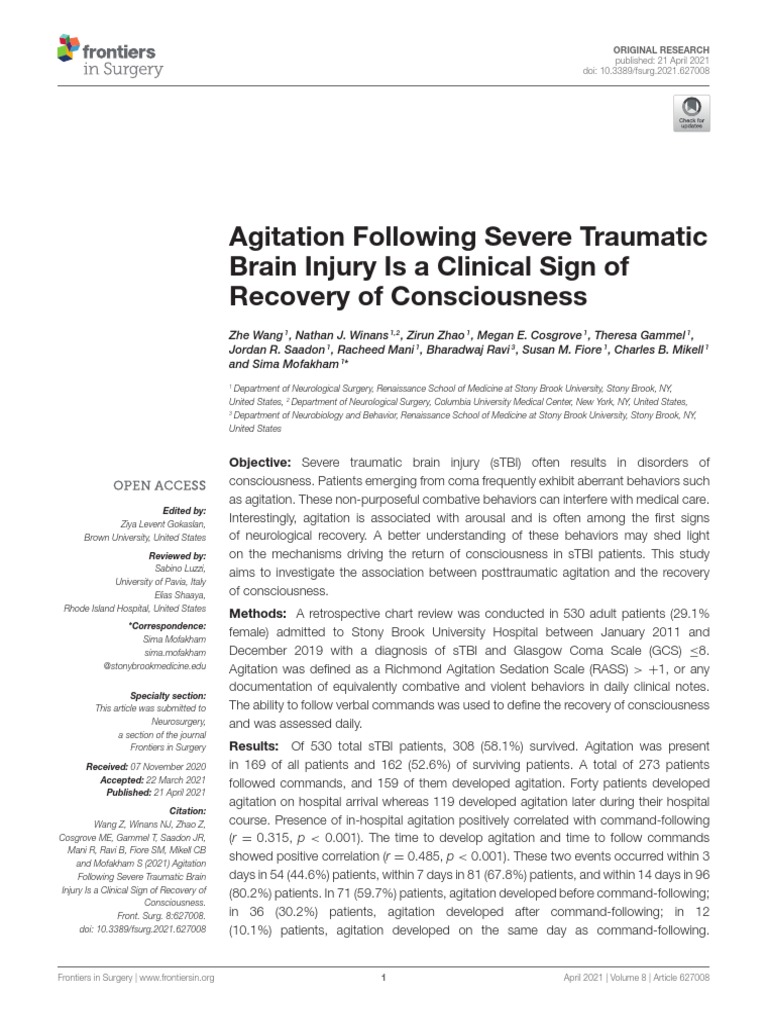 Agitation Following Severe Traumatic Brain Injury Is A Clinical Sign of ...